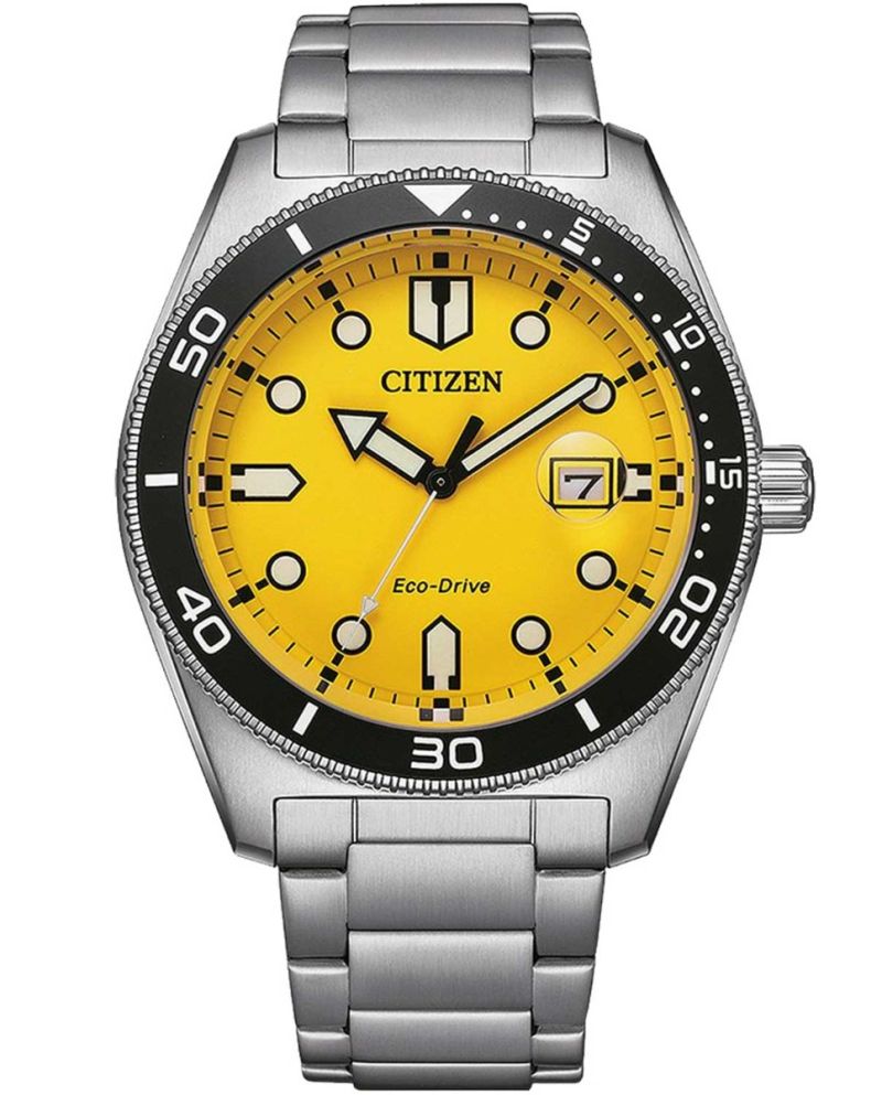 Citizen Eco-Drive sports herreur | Gul urskive med dreiebezel og 100m ...